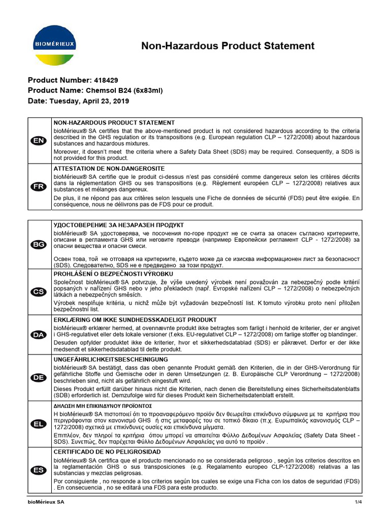 Chemsol B24 Non Hazardous Product Statement | PDF