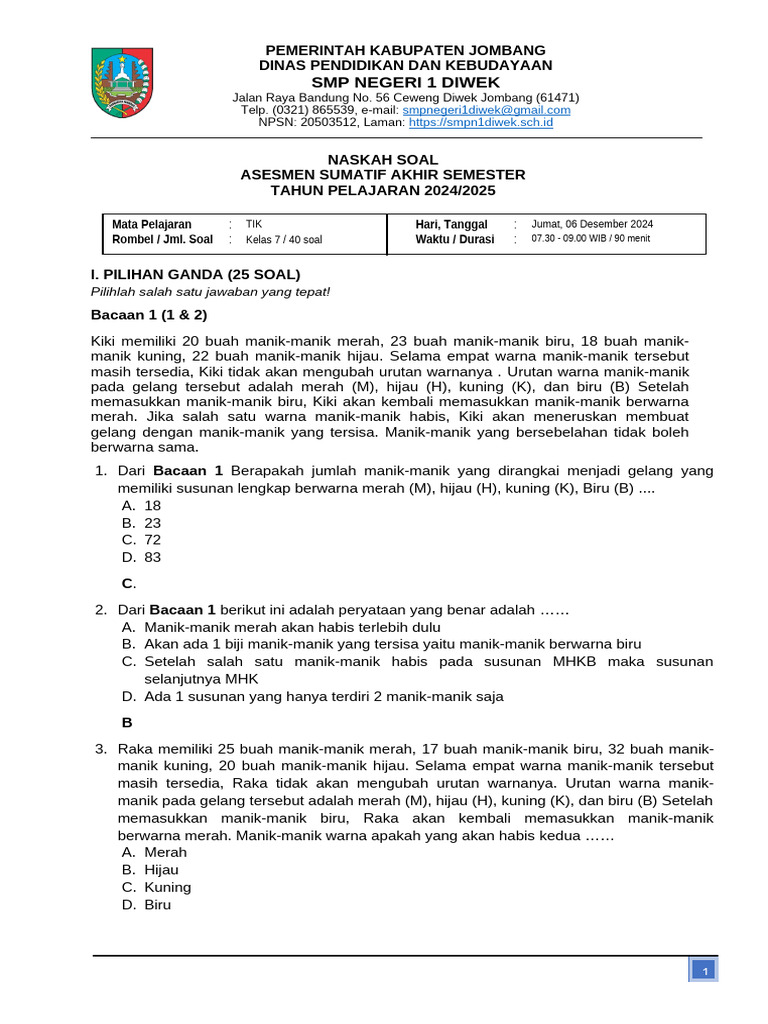 Soal TIK Kelas 7 SMT 1 2024-2025 | PDF