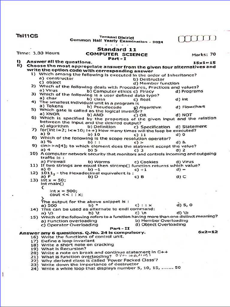 11th Computer Science EM Half Yearly Exam 2024 Question Paper With Answer Keys Thenkasi District ...