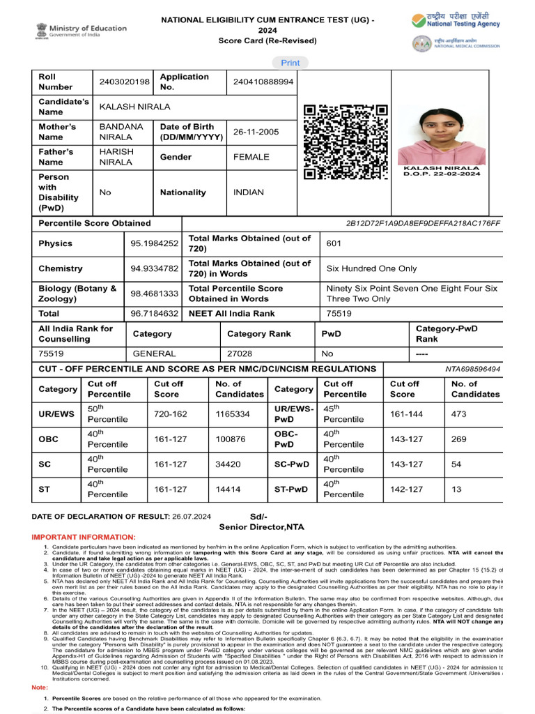 Neet Score Card | PDF