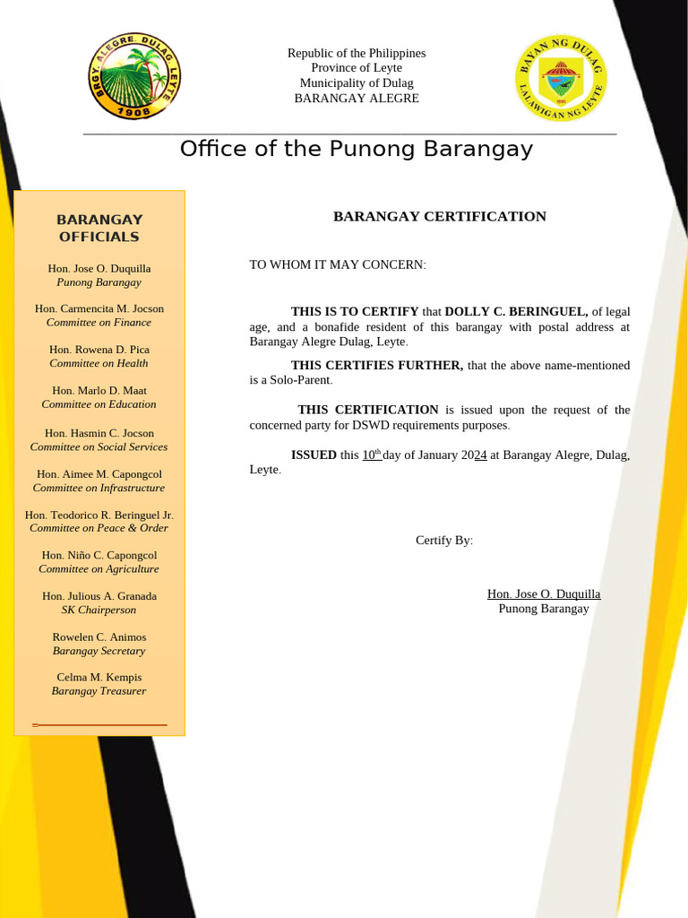 Solo Parent Certification - Barangay Alegre | PDF