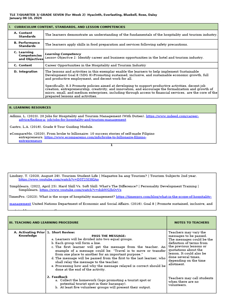 LE Q3 TLE 7 Lesson 2 Week 2 | PDF | Teachers | Hotel