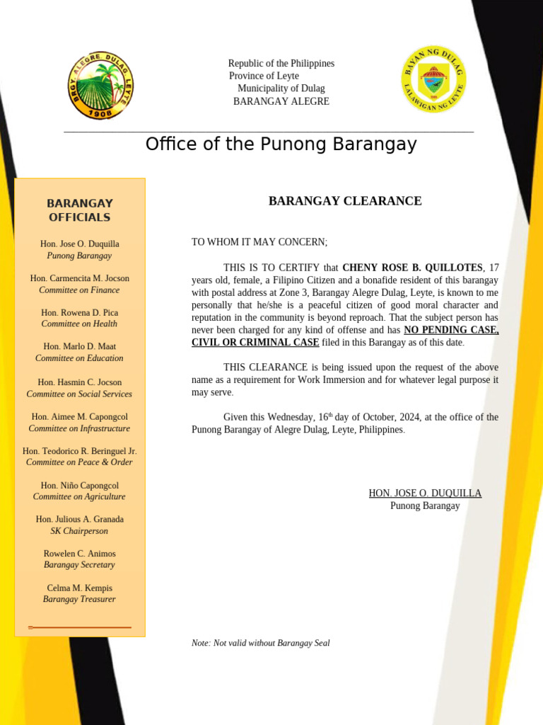 Barangay Certification For Work Immersion | PDF | Morality | Philippines