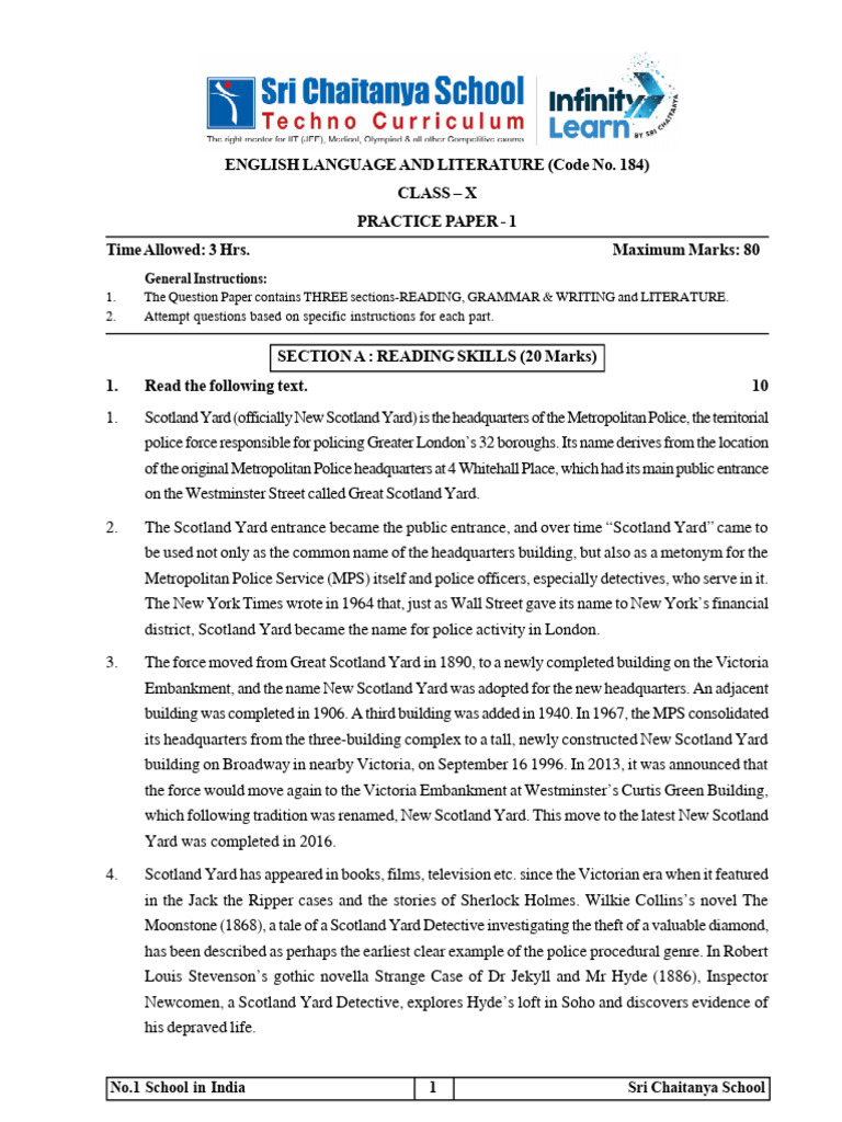 CBSE English Class X Practice Paper - 1 | PDF