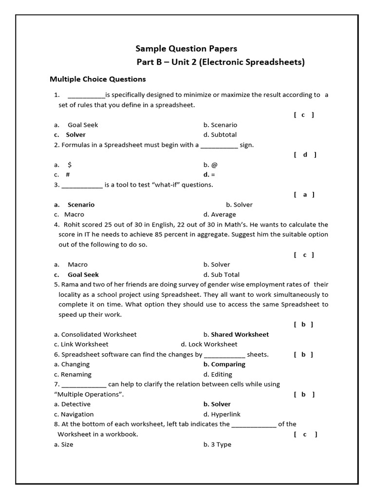 Grade 10 - Part B Unit 2 - Electronic Spreadsheet | PDF | Spreadsheet ...