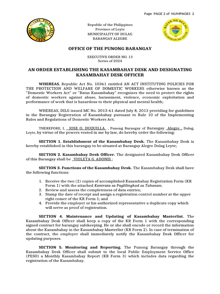 EXECUTIVE ORDER Kasambahay-Desk-Officer | PDF | Justice | Crime & Violence