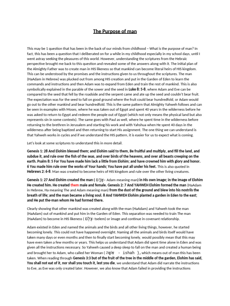The Purpose of man | PDF | Adam | Eve