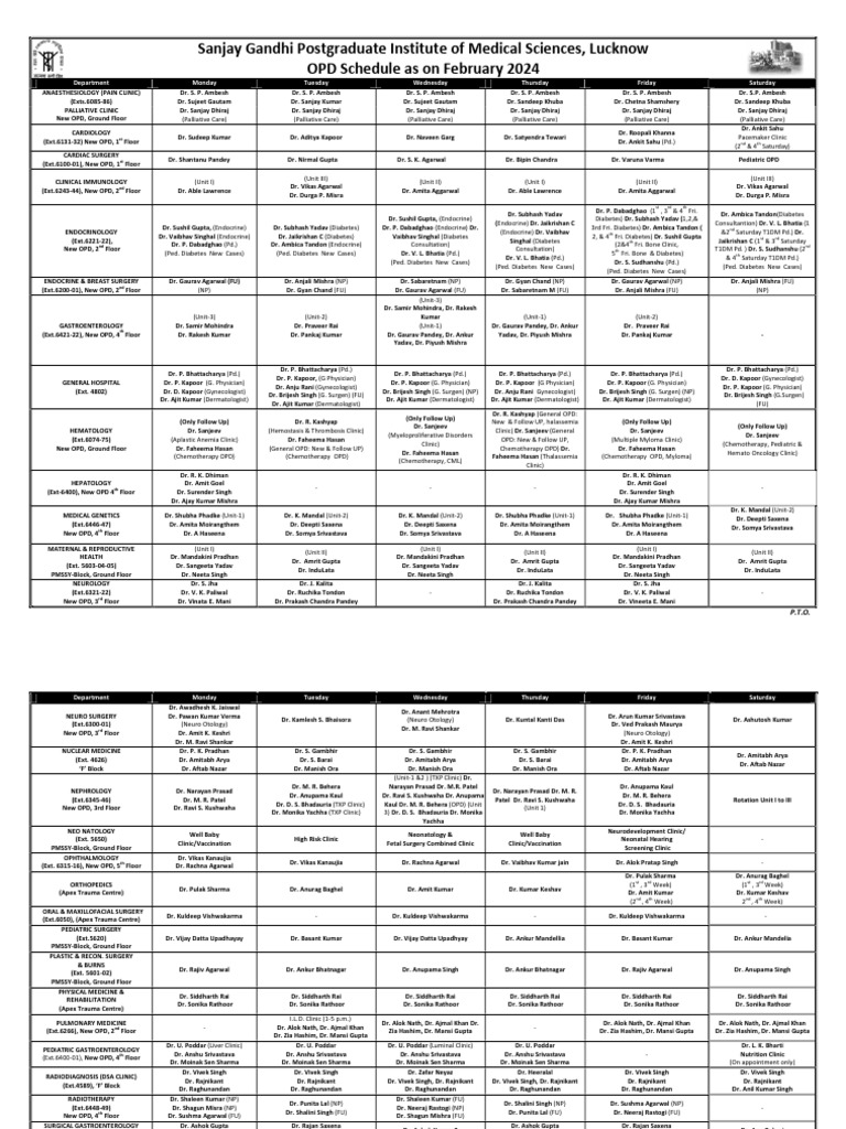 OPD Schedule February 2024 - SGPGI Lucknow | PDF | Medicine | Medical ...