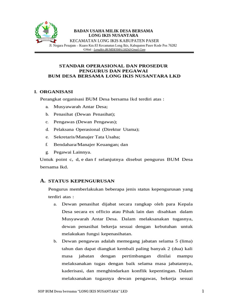 SOP BUMDes Long Ikis Nusantara | PDF