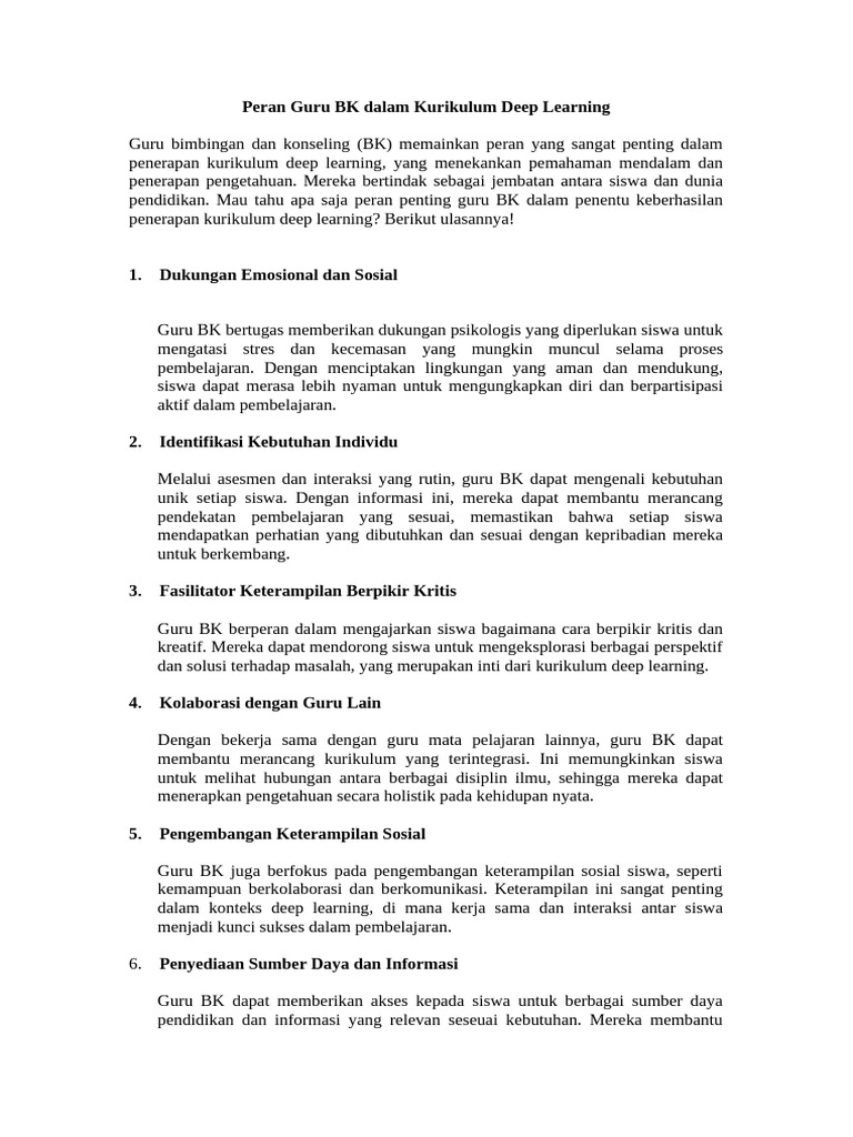 Peran Guru BK Dalam Kurikulum Deep Learning | PDF