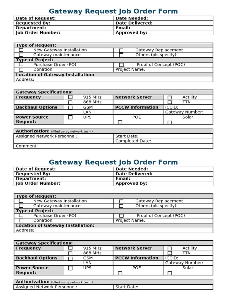 Gateway Request Job Order Form Rev3 | PDF