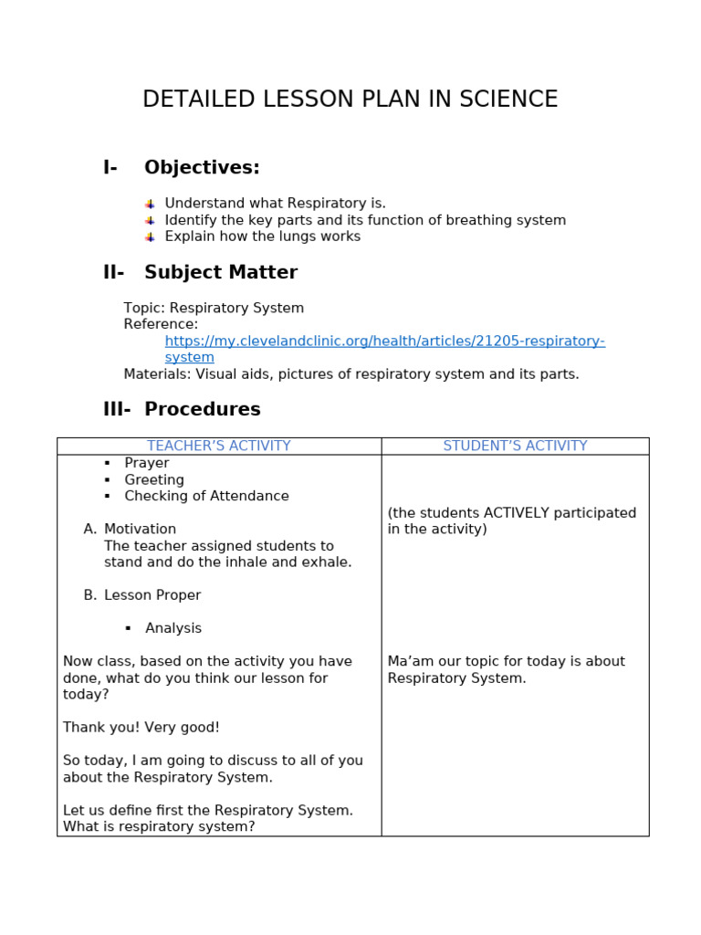 DETAILED LESSON PLAN | PDF | Respiratory Tract | Lung