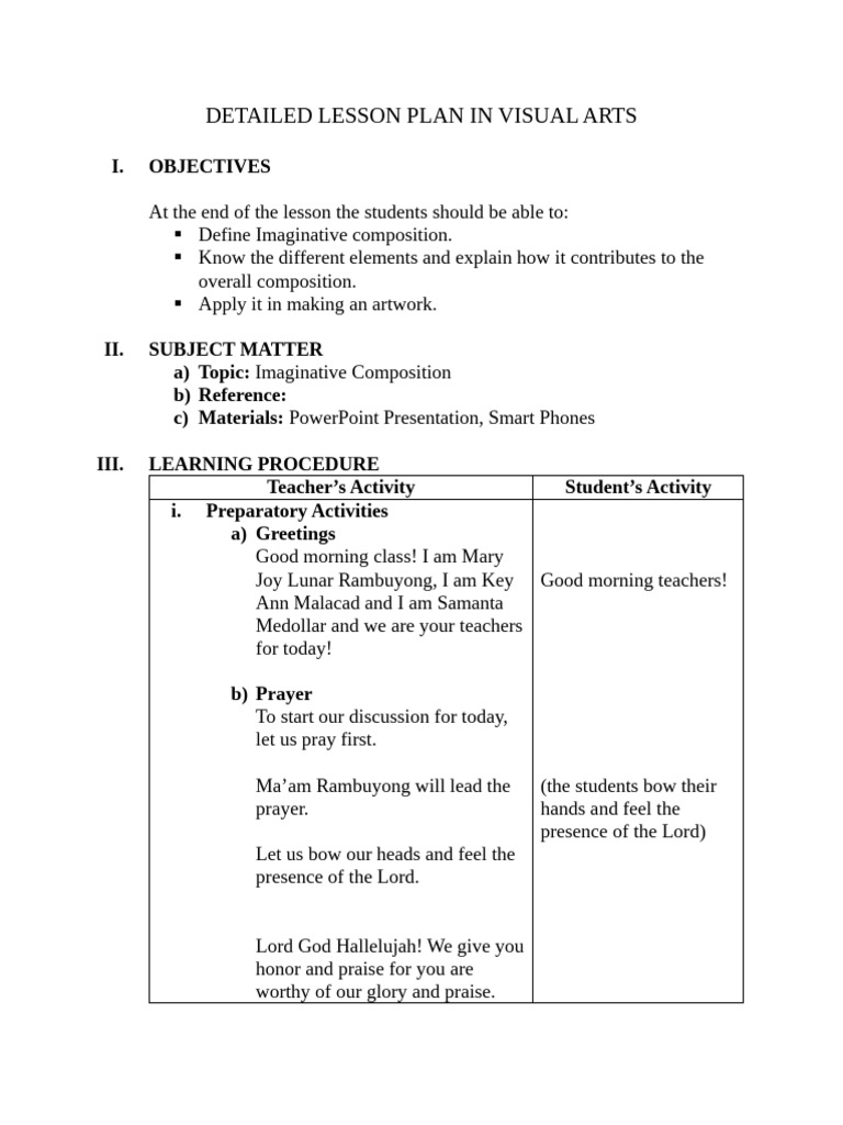 Detailed Lesson Plan in Visual Arts | PDF | Composition (Visual Arts)