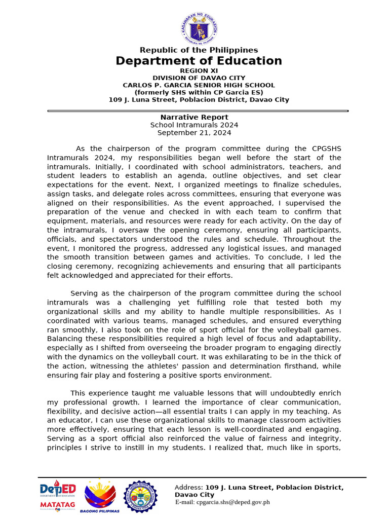 Narrative For Intrams and Cluster Meet | PDF | Learning | Behavior ...