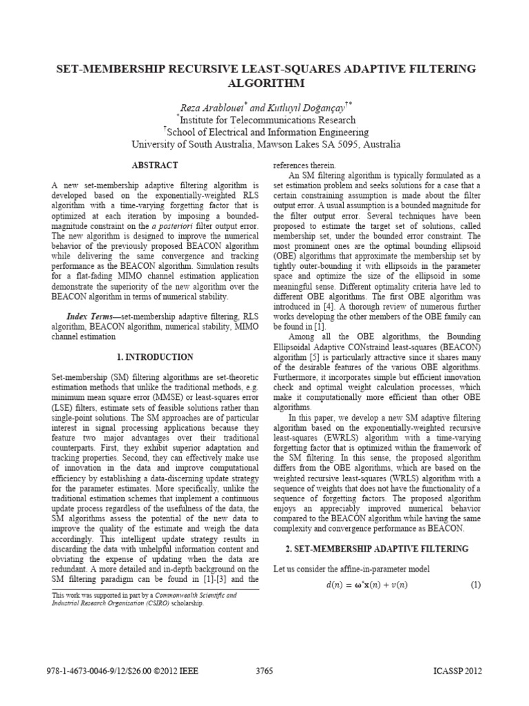 Set Membership Recursive Least Squares Adaptive Filtering Algorithm 6492