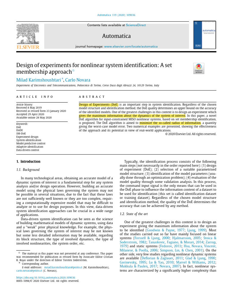 Design Of Experiments For Nonlinear System Identification A Set Membership Approach Pdf