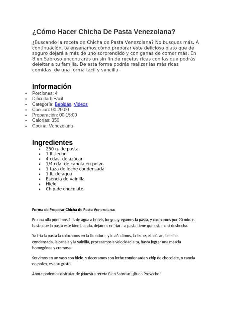 Cómo Hacer Chicha De Pasta Venezolana | PDF
