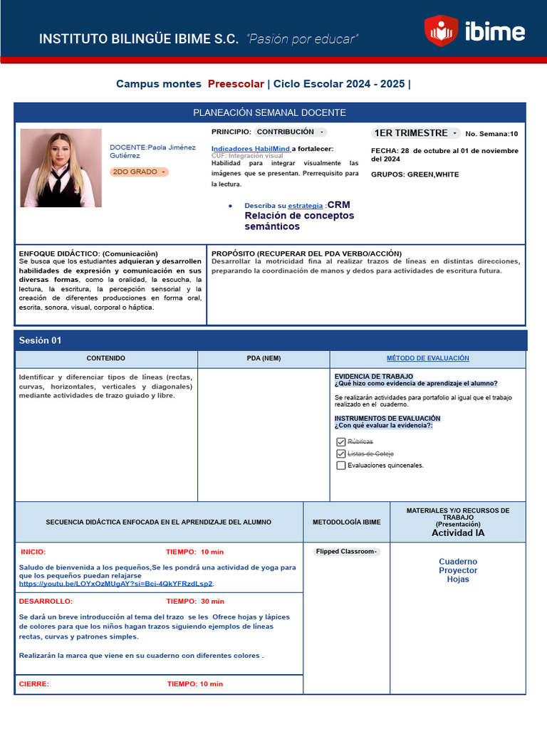 Planeación Semanal Preescolar IBIME | PDF | Evaluación | Educación de ...