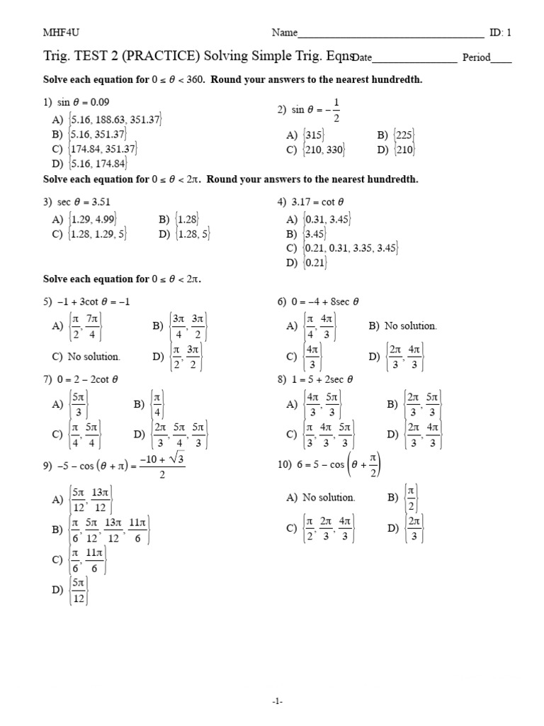 Trigonometry TEST 2 MCQ Practice (1) | PDF | Trigonometry | Euclid