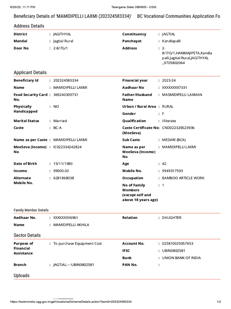 OBMMS Application Status for Telangana | PDF