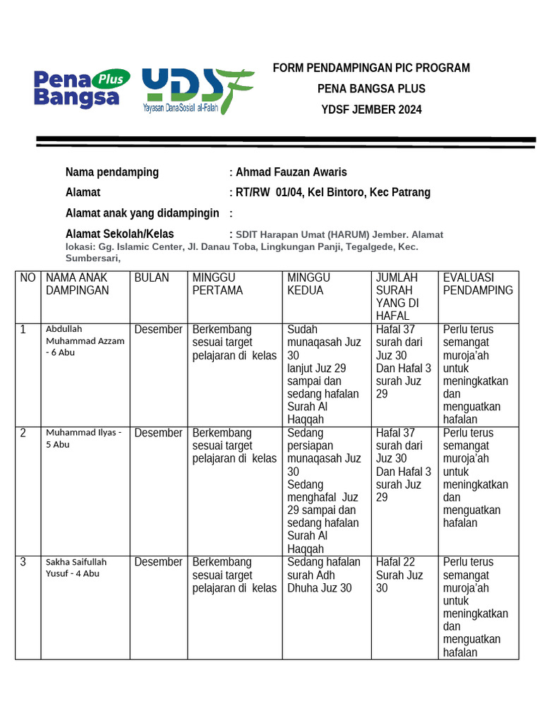 Form Pendampingan Program PB | PDF