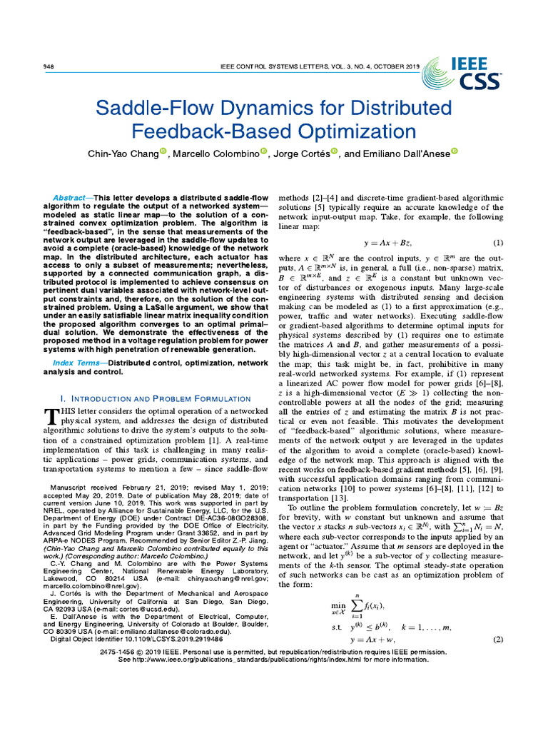 Saddle-Flow Dynamics for Distributed Feedback-Based Optimization | PDF