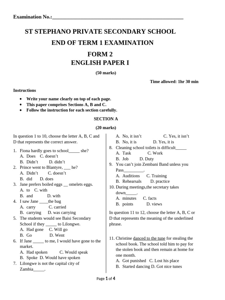 FORM_2_PAPER_1 | PDF | Adjective | Part Of Speech