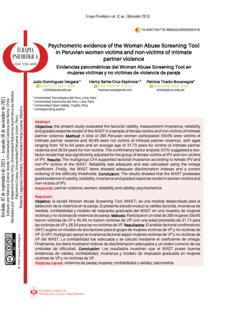Woman Abuse Screening Tools in Peruvian Women Victims and Non-Victims ...