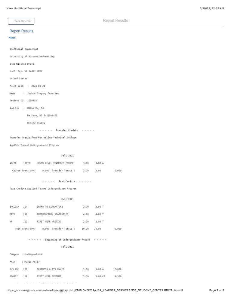 UWGB Student Transcript Summary | PDF | Musical Groups | Performing Arts