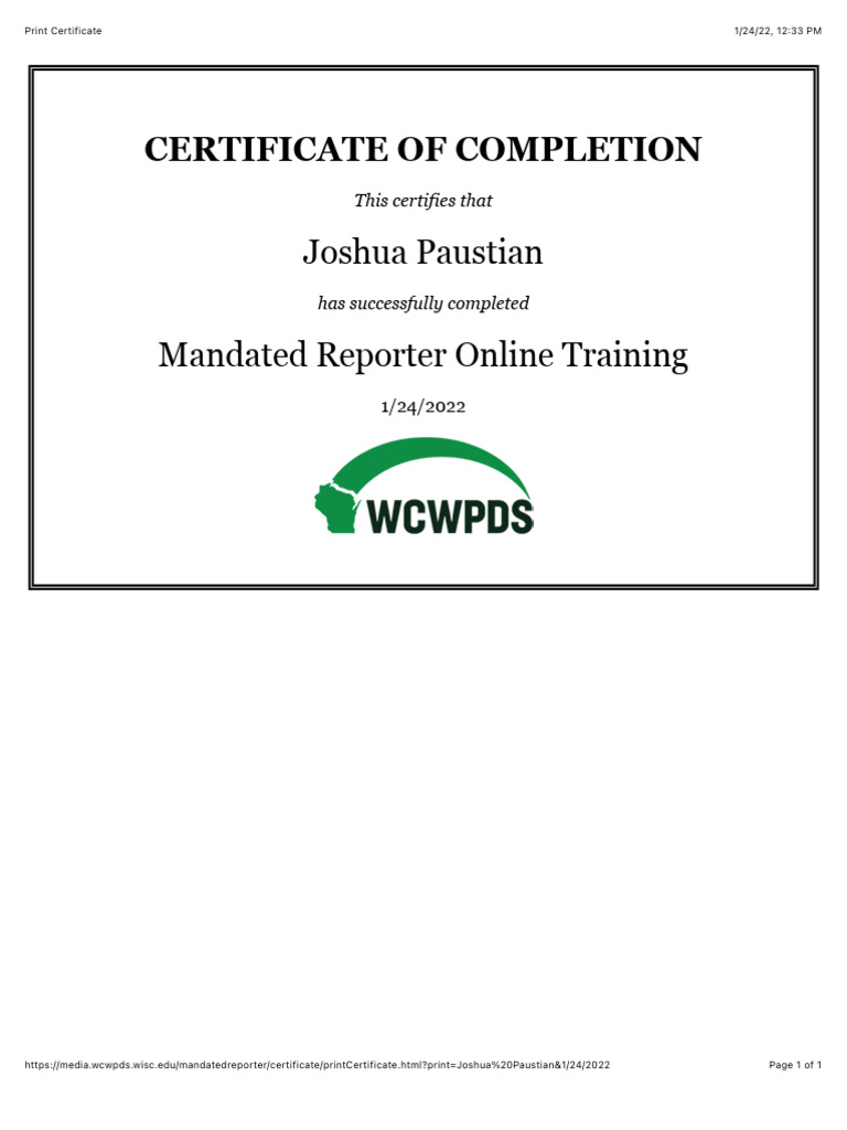 Mandated Reporter Training Certificate | PDF