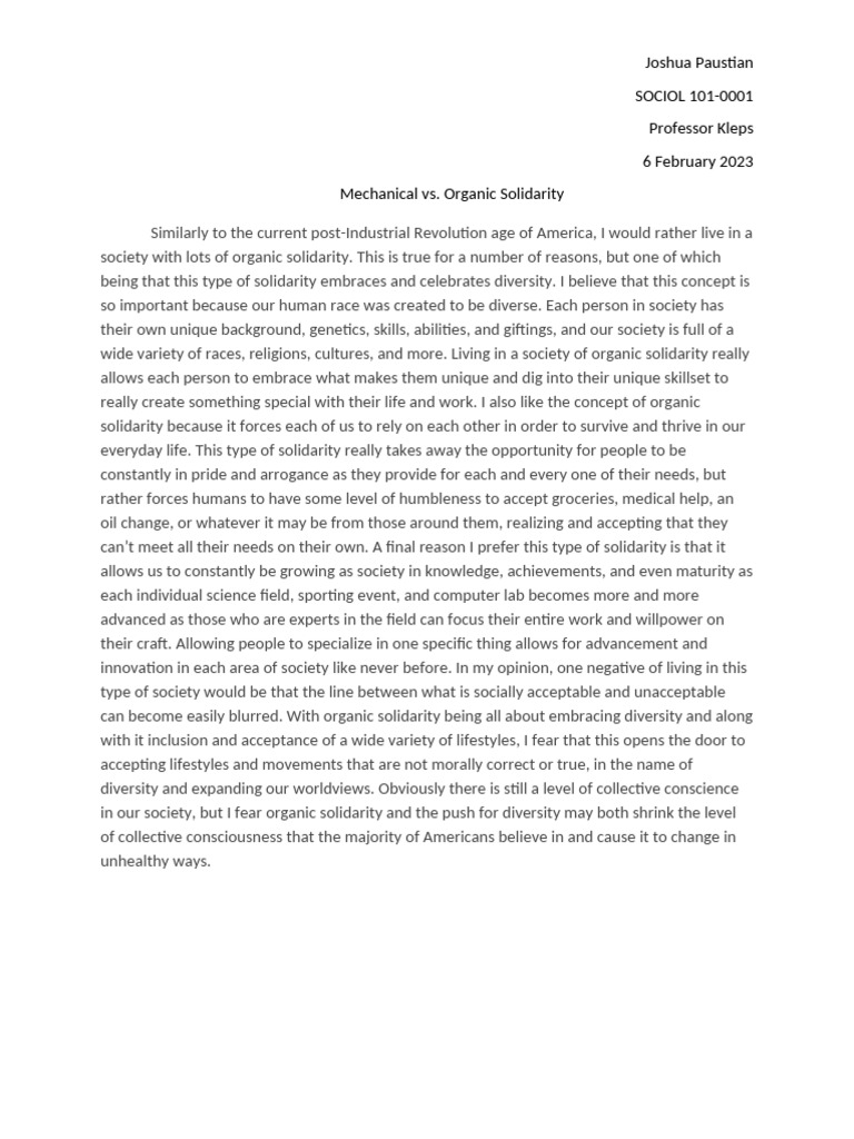 Mechanical V Organic Solidarity | PDF | Society | Human