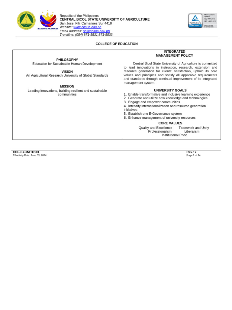 Syllabus Math 110 Aga 24 - 2 | PDF | Factorization | Equations