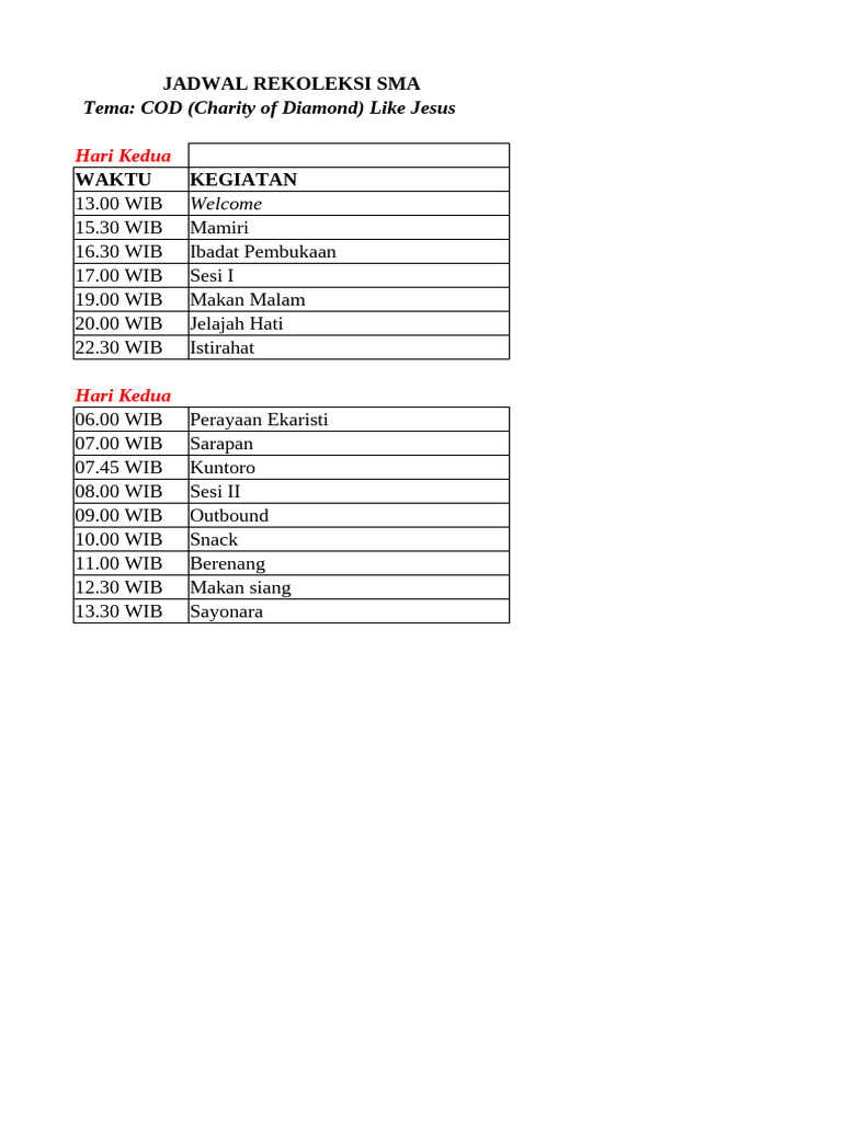Jadwal Rekoleksi SMA | PDF