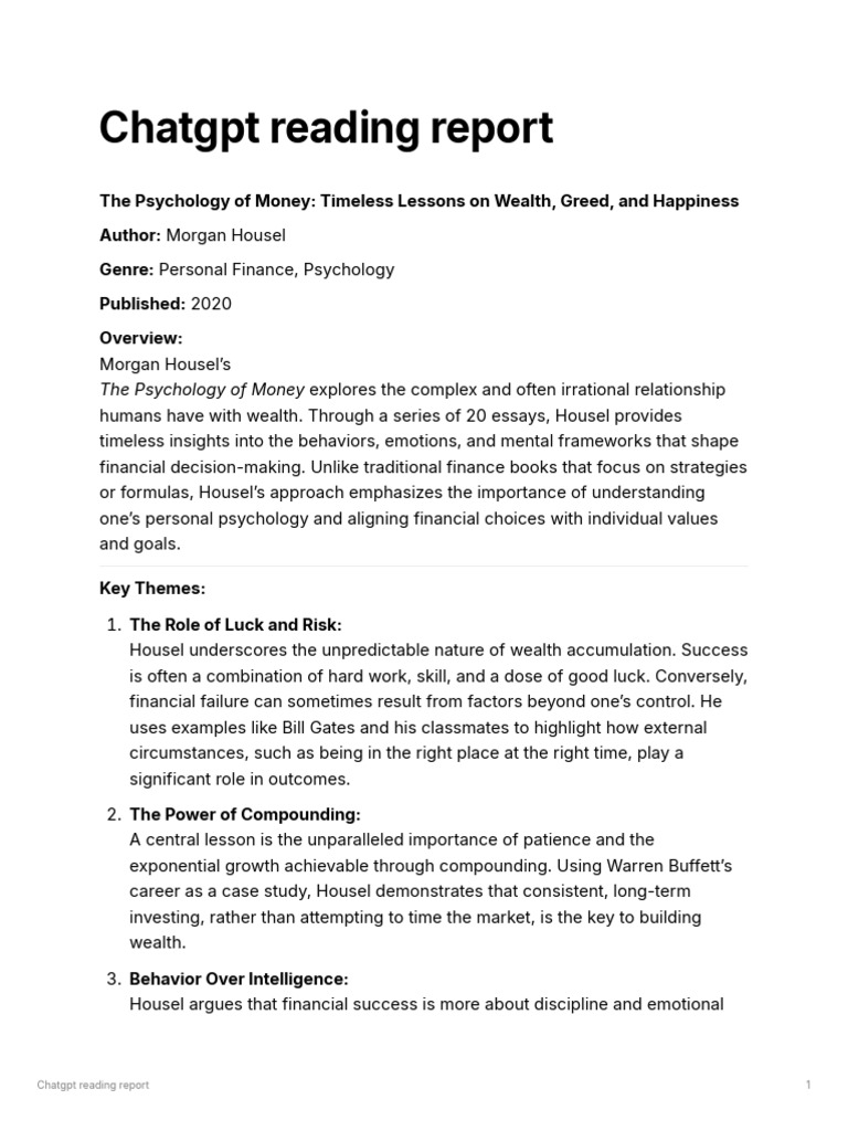 Chatgpt Reading Report | PDF | Psychology | Wealth