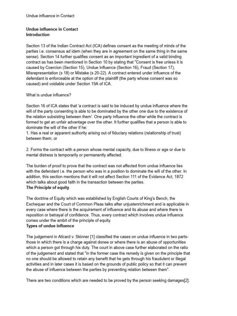 Undue Influence in Contract | PDF | Consent | Business Law