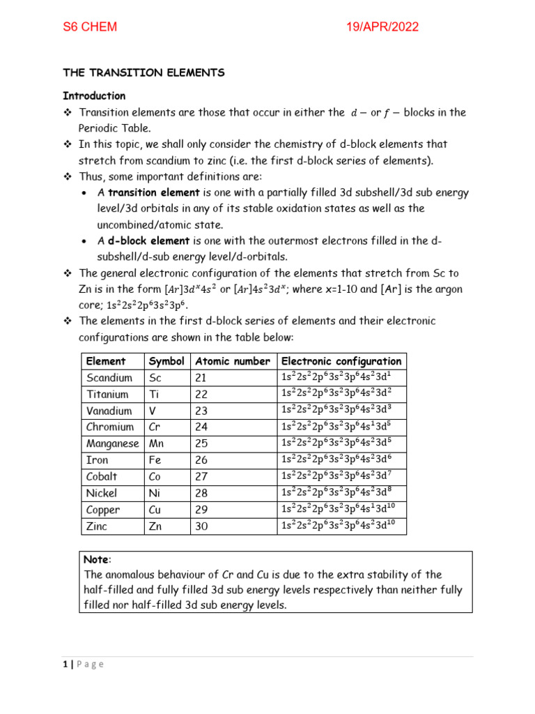 S6 CHEM (Transition Elements) | PDF | Transition Metals | Coordination Complex
