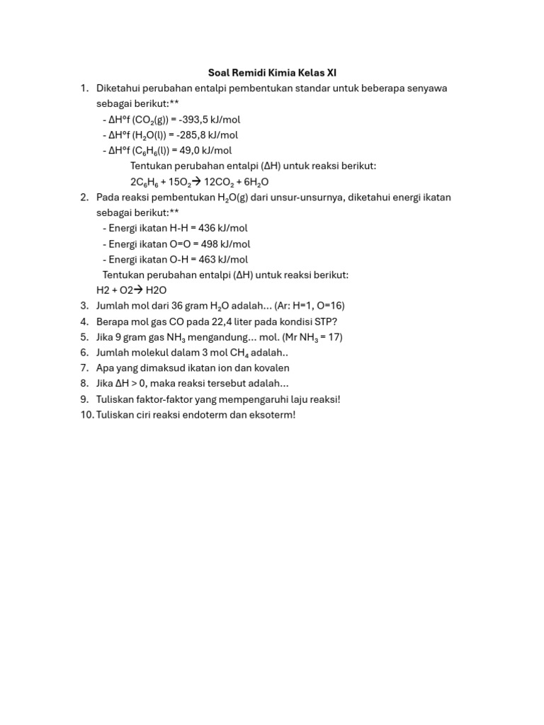 Soal Remidi Kimia Kelas XI | PDF