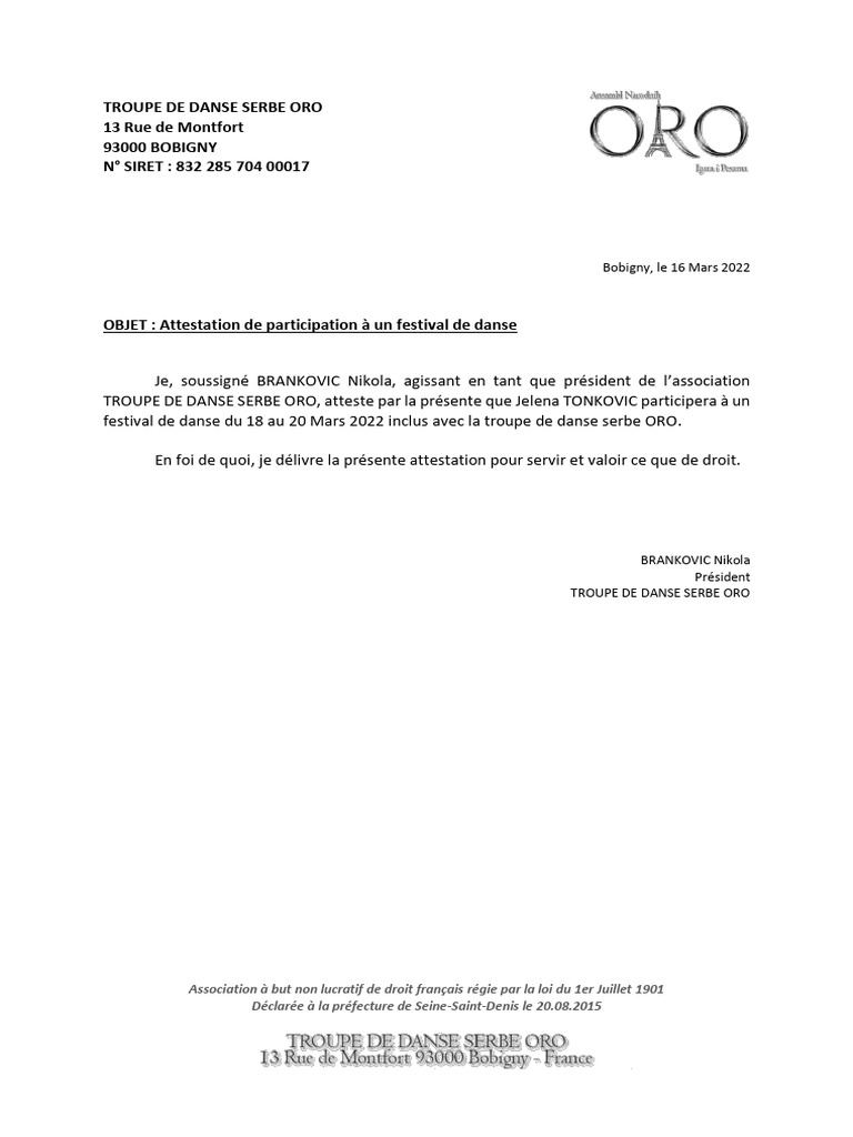 Attestation Absence Jelena Tonkovic | PDF