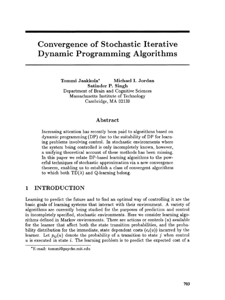 Convergence of Stochastic Iterative Dynamic Programming Algorithms | PDF | Estimator | Mathematics