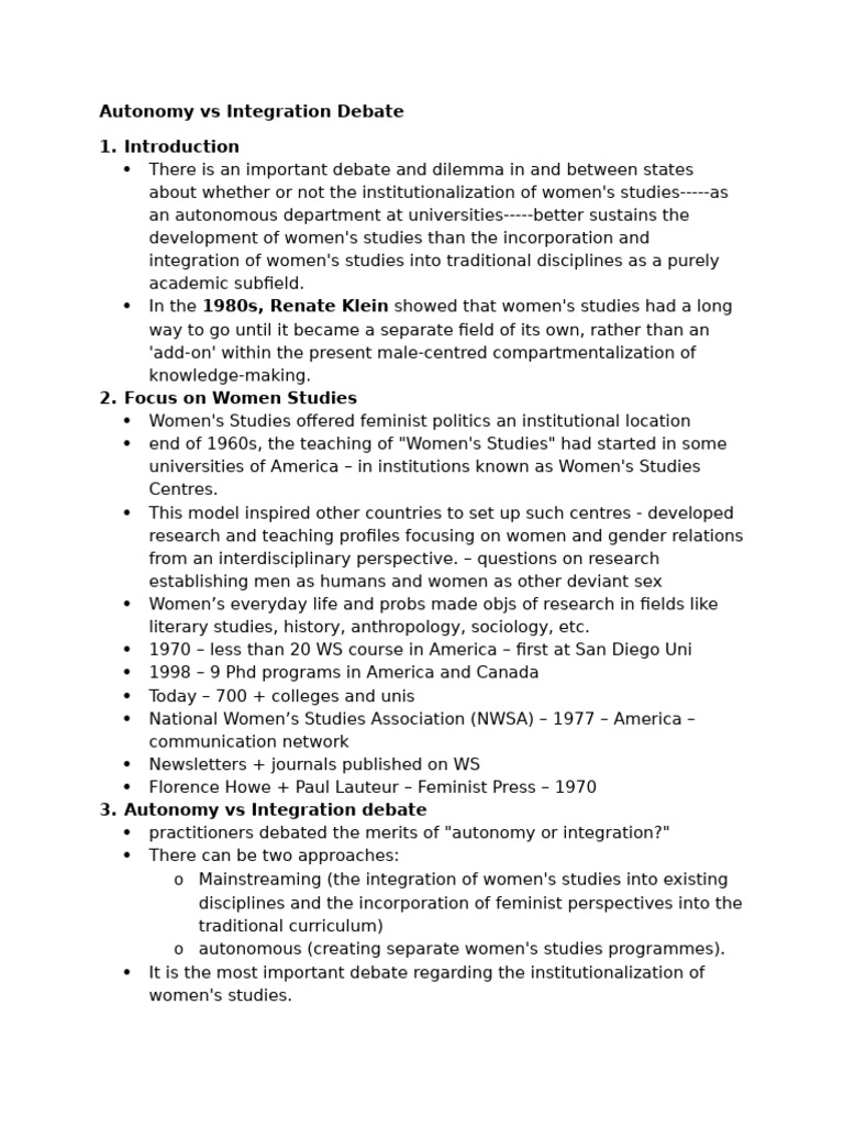 Autonomy Vs Integration Debate - Notes | PDF | Women's Studies | Feminism