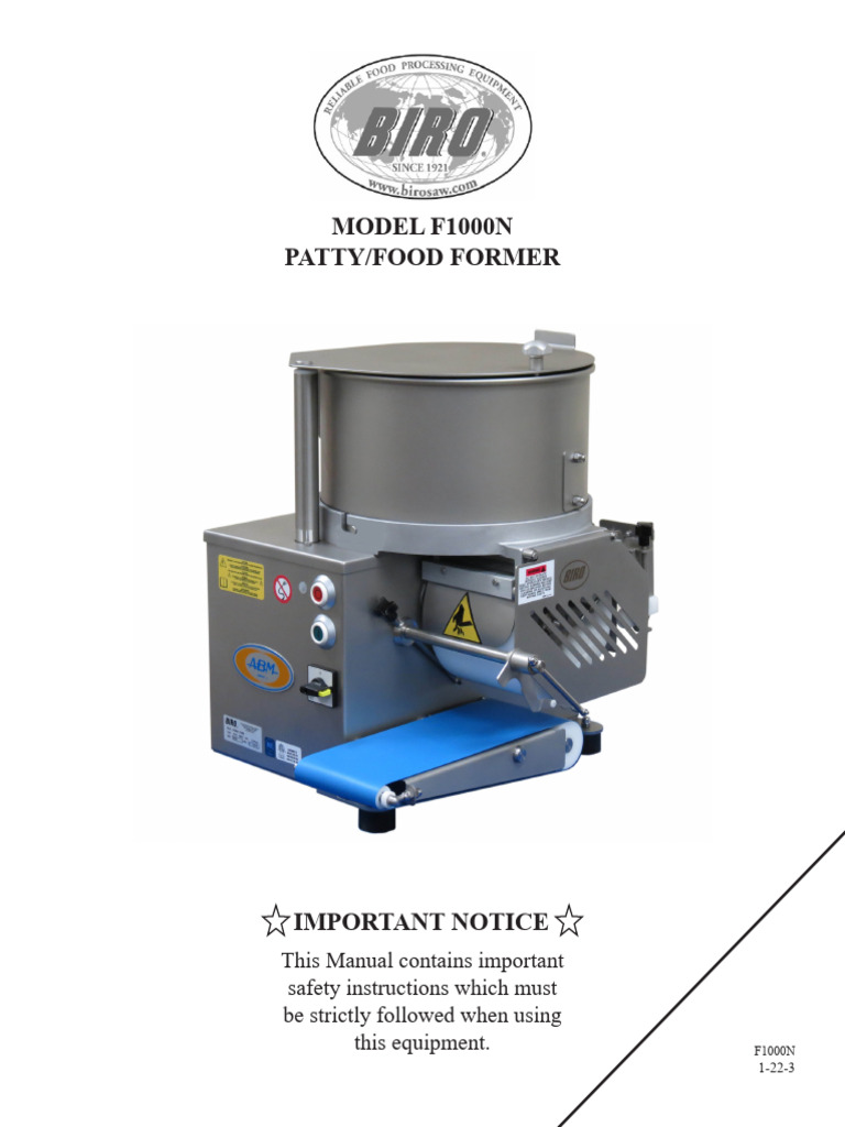 F1000N Patty Former Operation Manual | PDF | Screw | Belt (Mechanical)