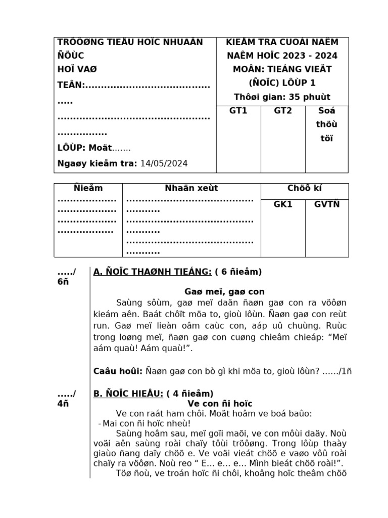 Đề Ôn 1 Tiếng Việt Hkii | PDF