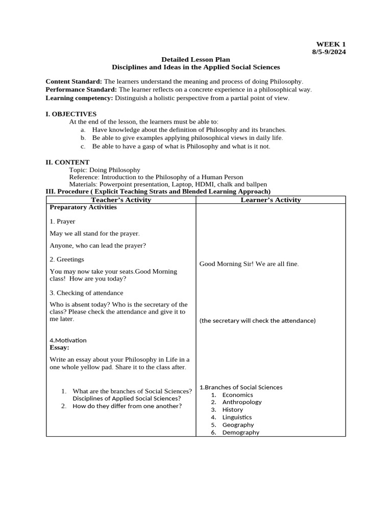 Detailed Lesson Plan-DIASS-WEEK1 | PDF | Social Sciences | Science