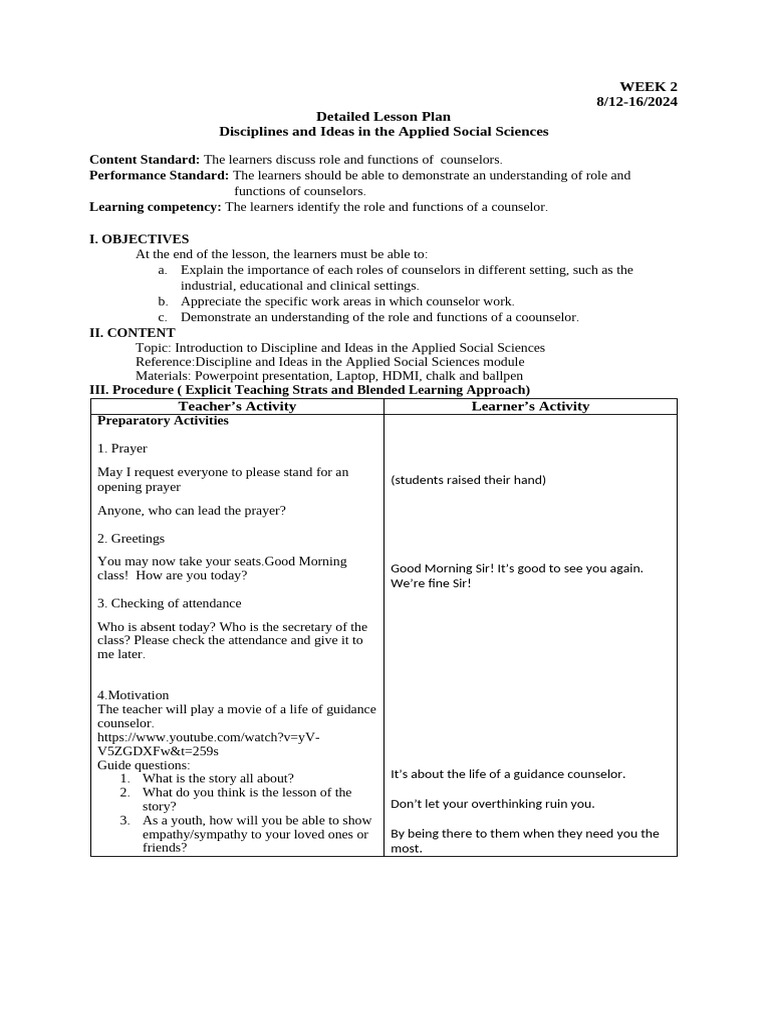 Detailed Lesson Plan-DIASS-WEEK2 | PDF | School Counselor | Lesson Plan