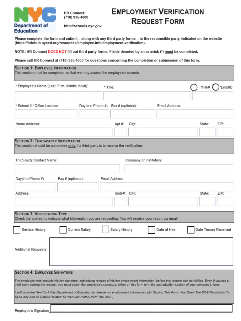 NYC DOE Employment Verification Form | PDF | Employment