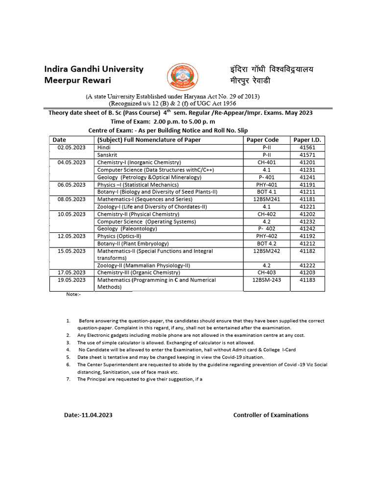 Theory date sheet of B. Sc (Pass Course) 4th sem. Regular ,Re-Appear ... Theory date sheet of B. Sc (Pass Course) 4th sem. Regular ,Re-Appear ...