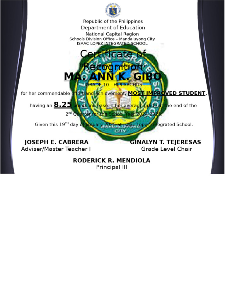 Most Improved Student Certificate 2025 | PDF