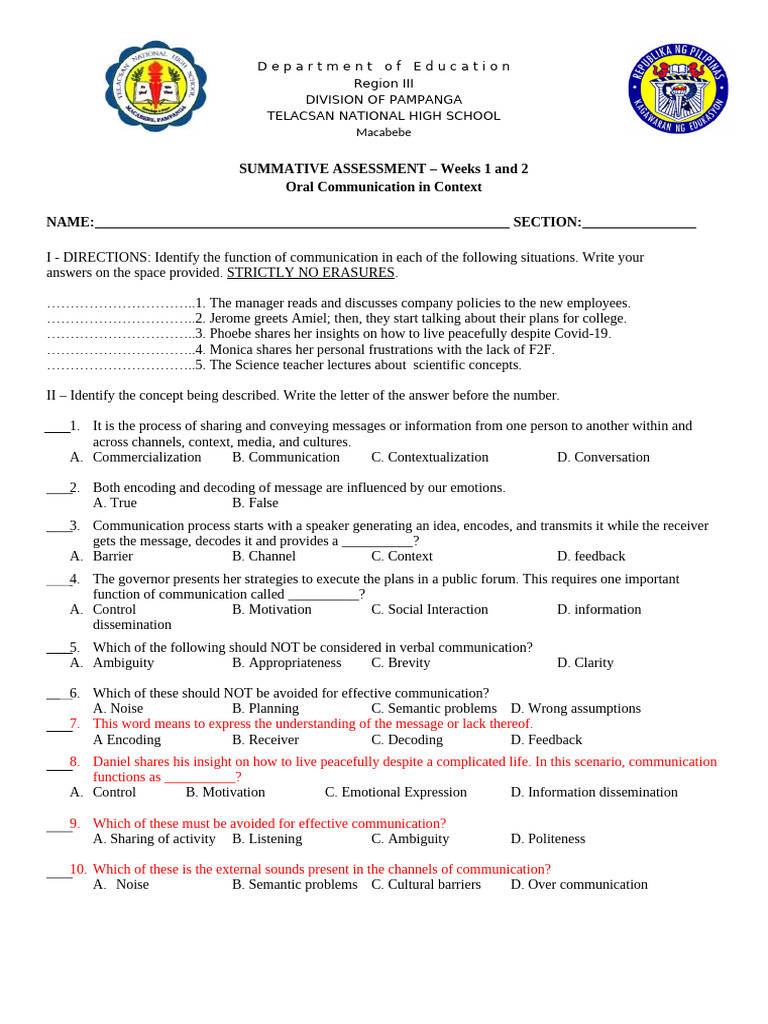 2022-23 OC Weeks 1 and 2 Assessment | PDF | Communication | Information