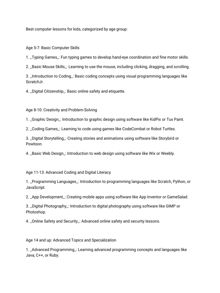 Computer Lessons for Kids by Age | PDF | Graphic Design | Programming ...