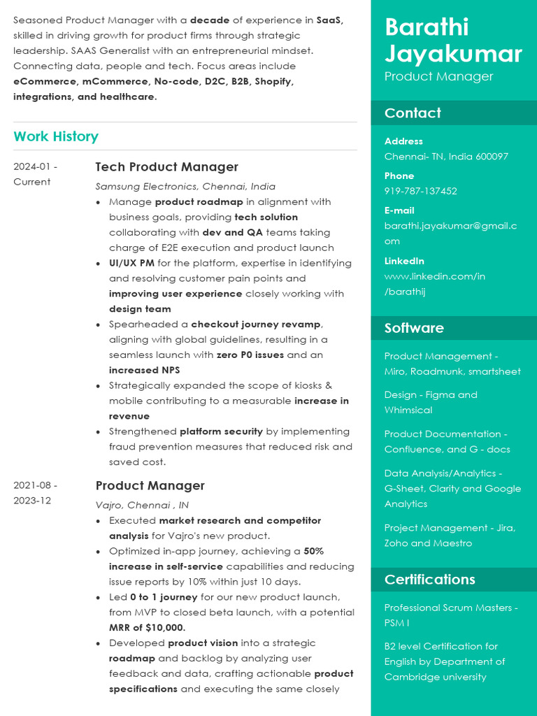 Barathi J Product Manager | PDF | Scrum (Software Development) | Computing